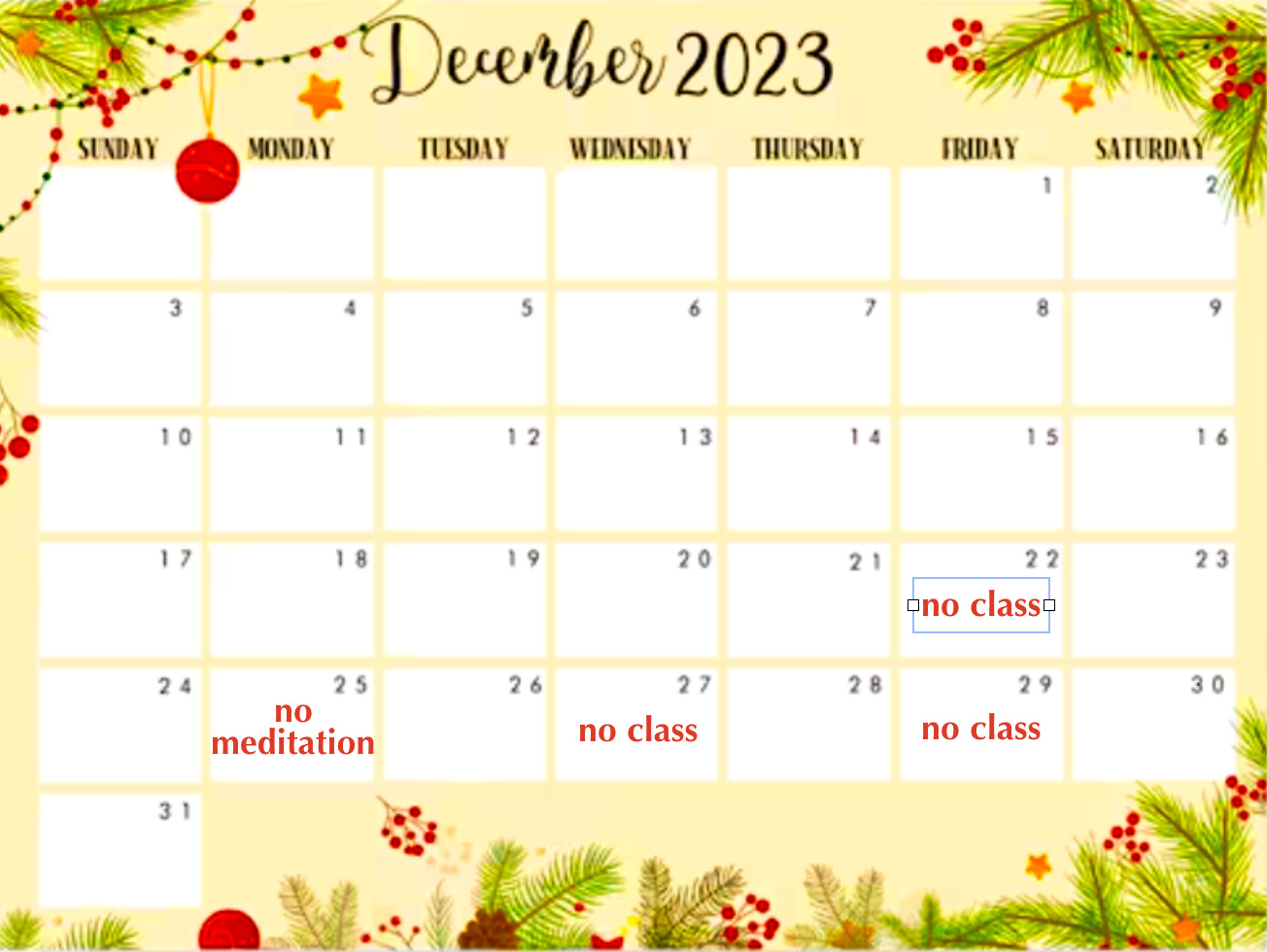No Zoom Classes December 22-29th – Meditation & Classes begin again Jan ...