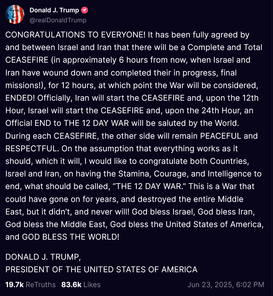 President Trump on Truth Social ~ It’s Time for Peace!